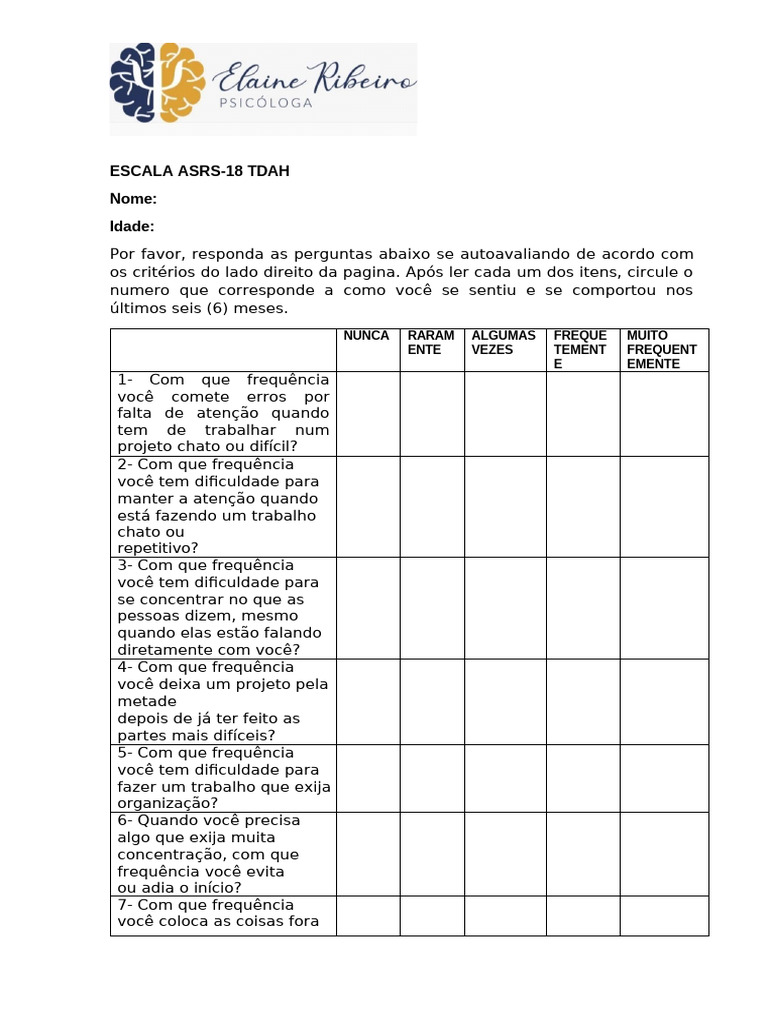 5 Escala Asrs | PDF | Transtorno de déficit de atenção e hiperatividade