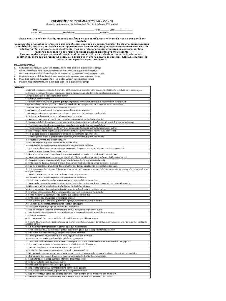 Questionário de Esquemas COMPLETO - QUESTIONÁRIO DE ESQUEMAS DE YOUNG ...