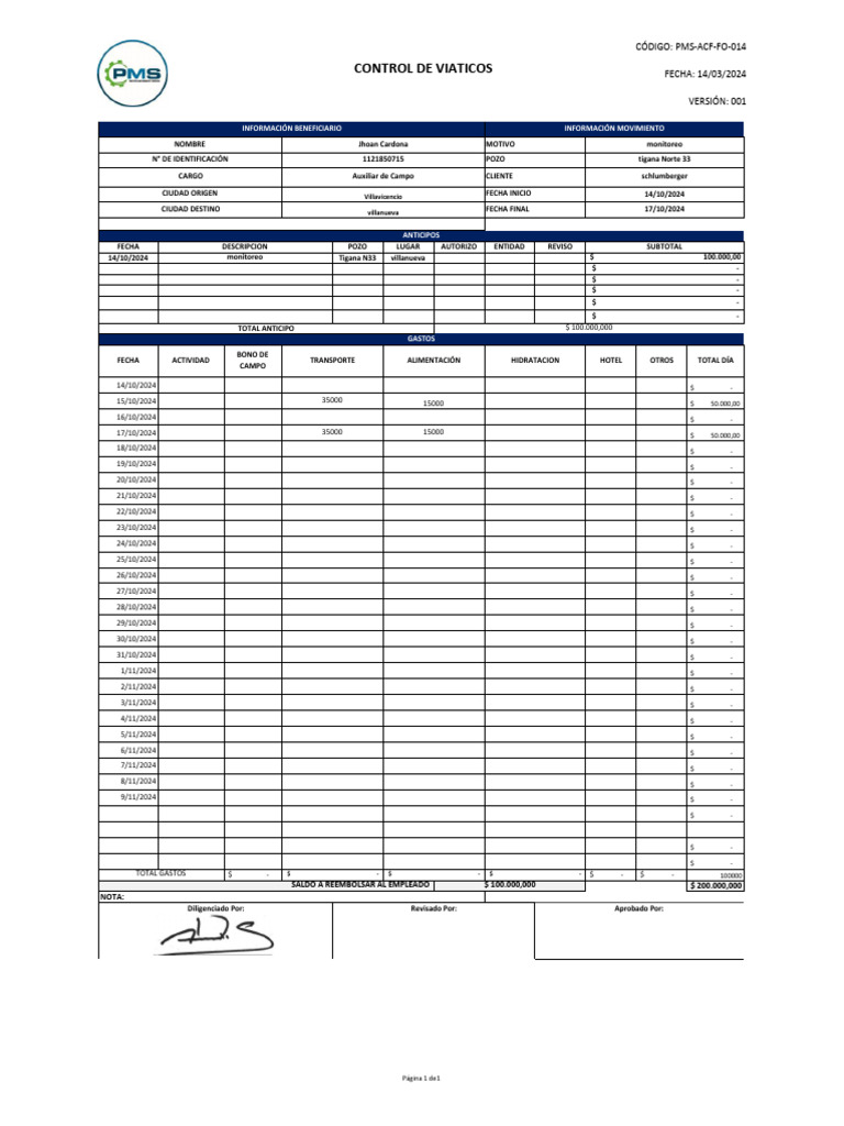 PMS-ACF-FO-014 V1 CONTROL DE VIATICOS Tigana N 33 | PDF