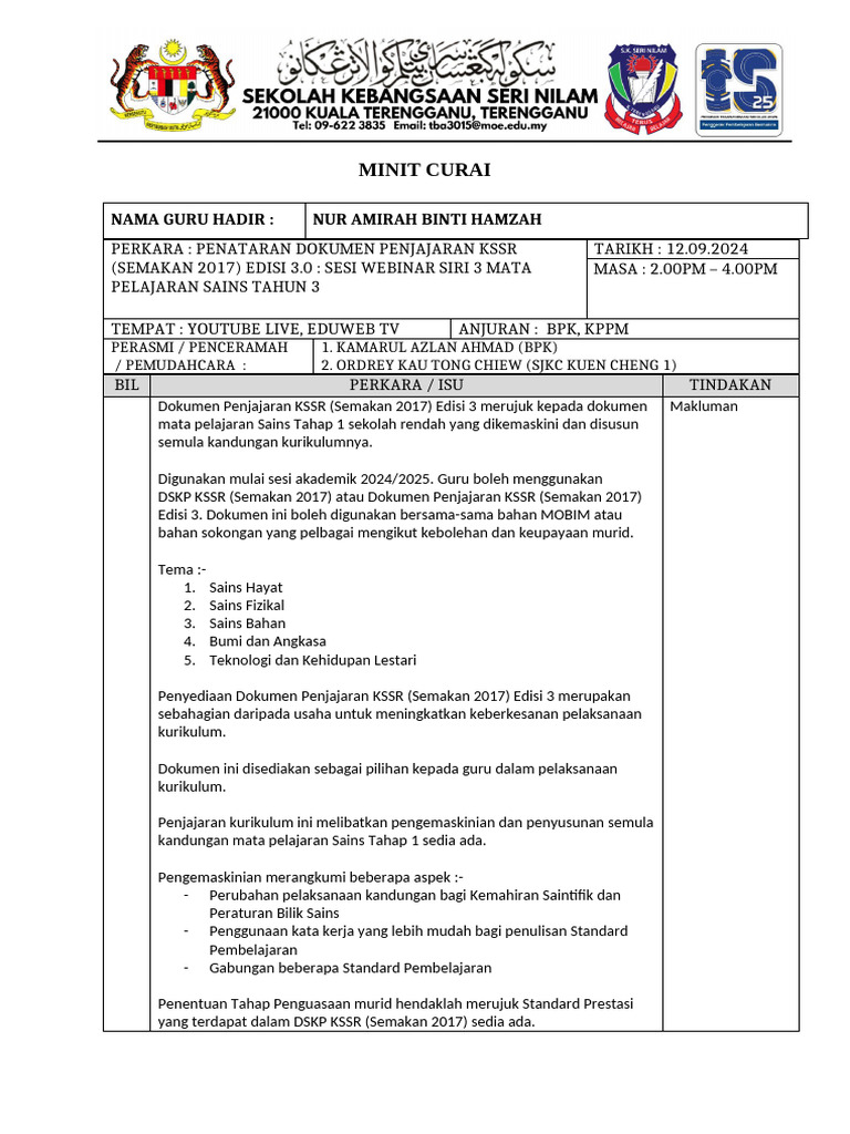 Minit Curai Penataran Dokumen Penjajaran KSSR Semakan 2017 Edisi 3 - Webinar Siri 3 Sains Tahun ...