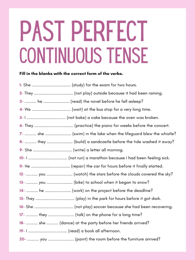 Past Perfect Continuous Tense Worksheet in Rose Pink White Basic Style ...