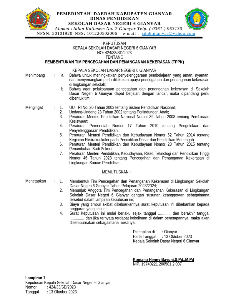 Contoh SK Tim Pencegahan Dan Penanganan Kekerasan Di Lingkungan Satuan Pendidikan | PDF