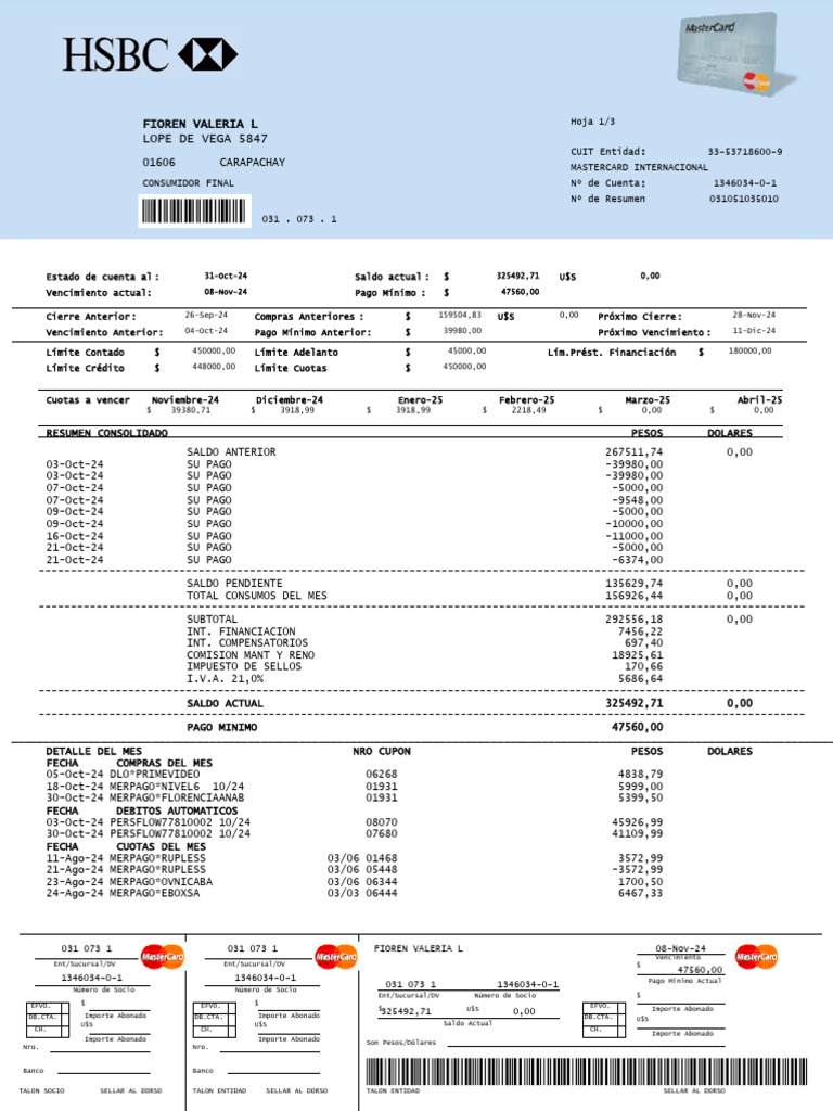 Resumen de Cuenta Mastercard Octubre 2024 | PDF | Tarjeta de crédito ...