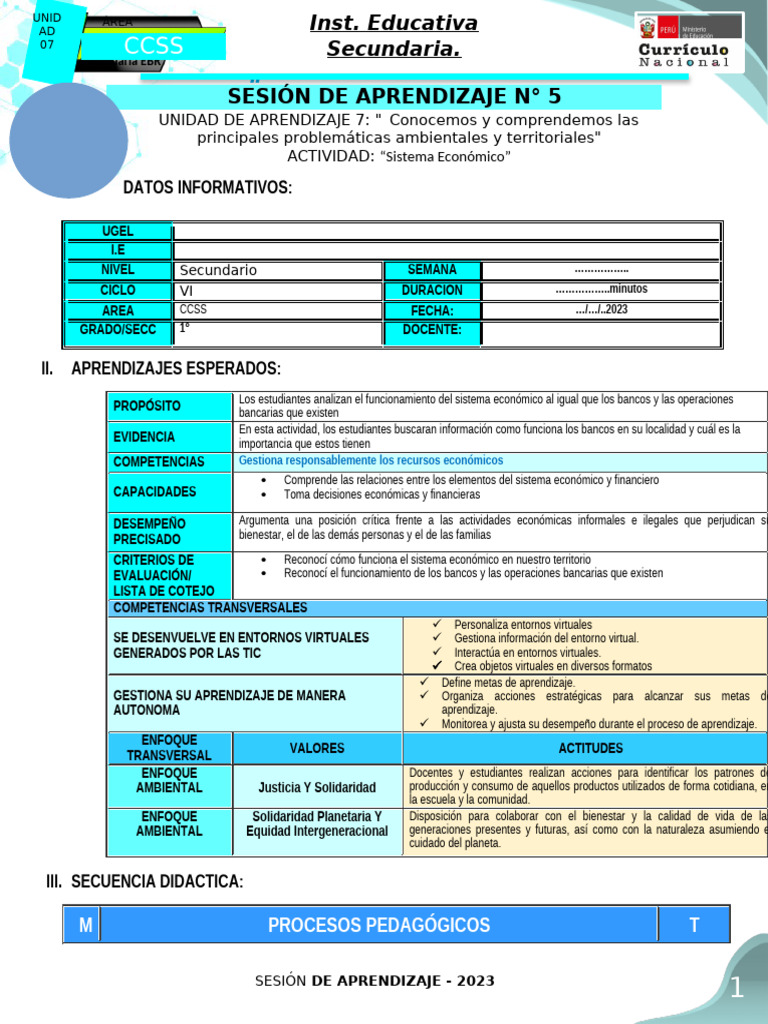 Sesion CCSS 1° Sec-Semana 05 Uni 7 | PDF | Aprendizaje | Evaluación