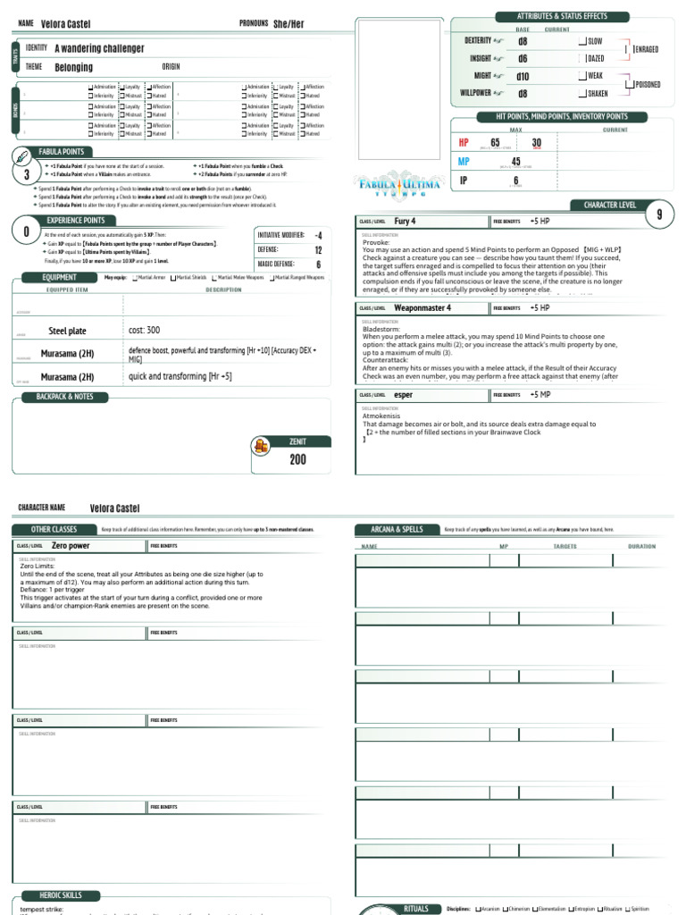 Fabula Ultima Character Sheet | PDF | Gaming | Tabletop Games