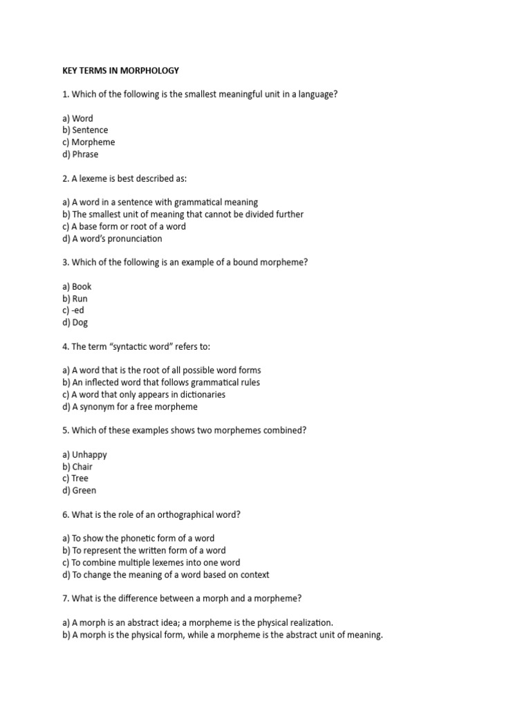 Key Terms in Morphology Quiz | PDF | Word | Morphology (Linguistics)