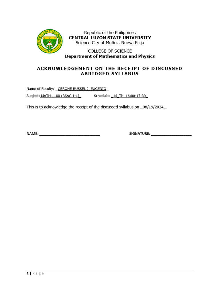 Acknowledgement-Receipt-on-Discussed-Syllabus - Individual | PDF