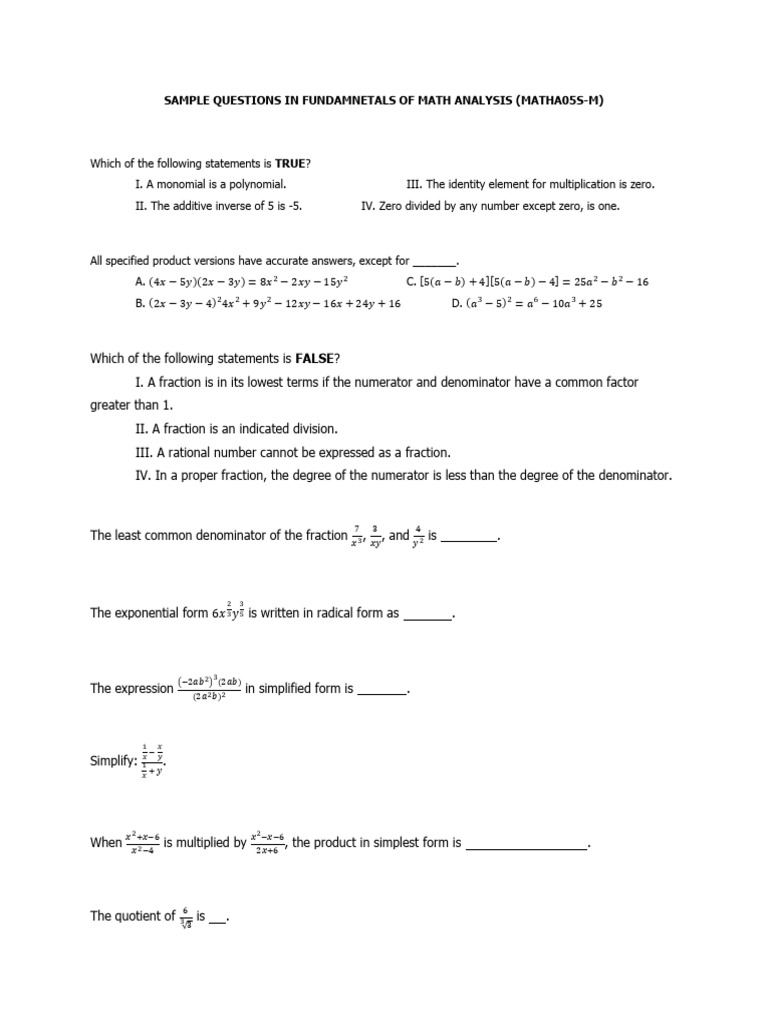 Math Analysis Sample Questions | PDF | Numbers | Factorization