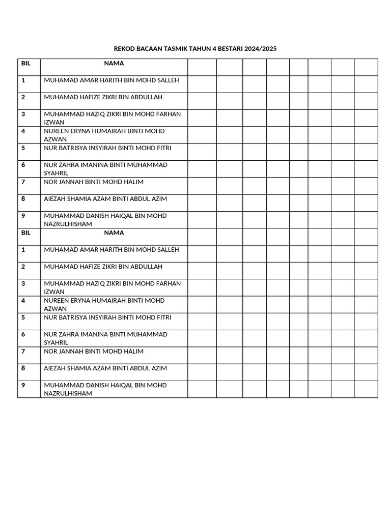 Rekod Bacaan Tasmik Tahun 4 Bestari 2024 | PDF