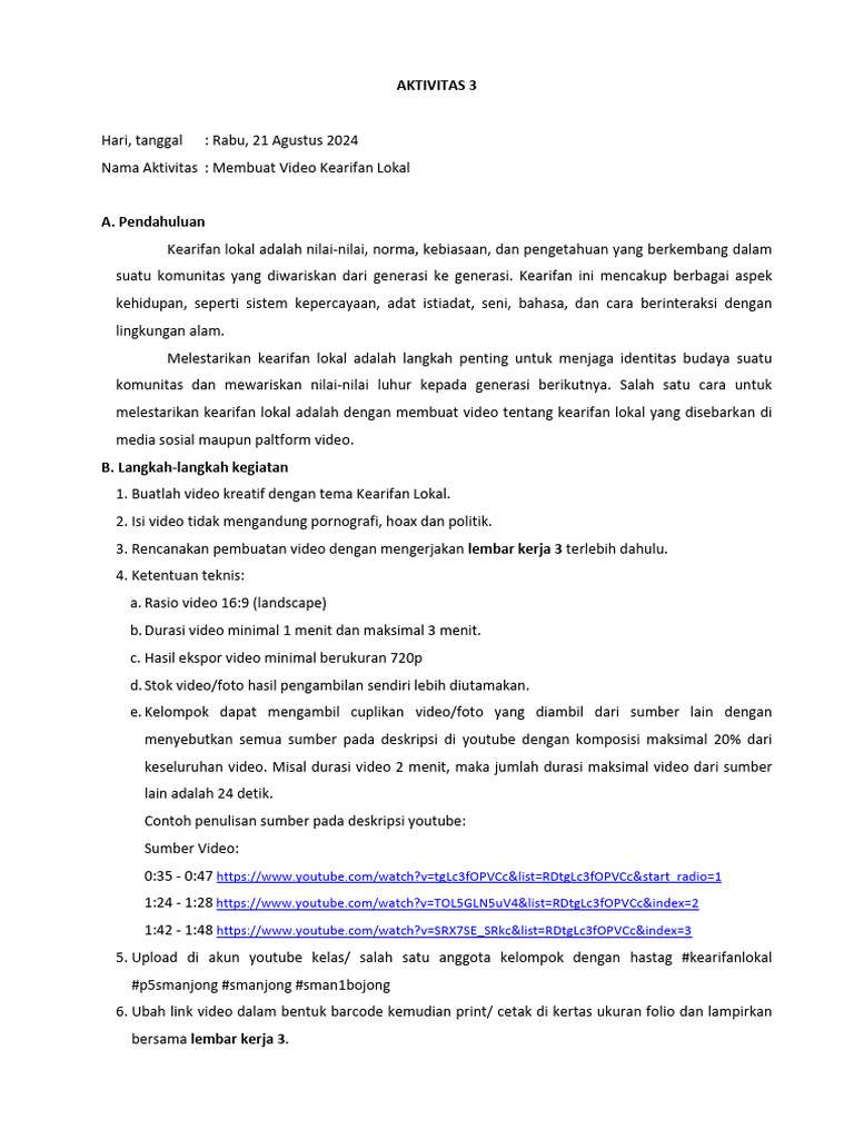 Lembar Kerja P5 Kearifan Lokal 21 Agustus 2024 | PDF