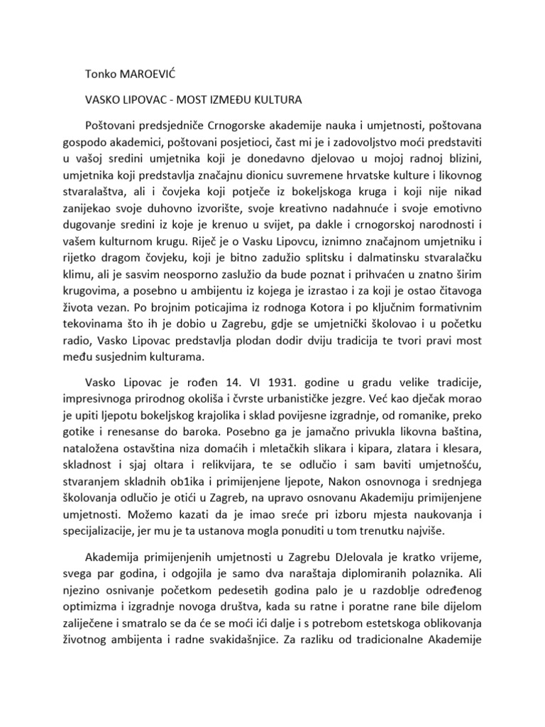 Tonko MAROEVIĆ Vasko Lipovac-Most Između Kultura | PDF