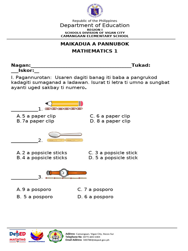 q2 PT Mathematics 1 1.docx GR 1 | PDF | Philippines | Government