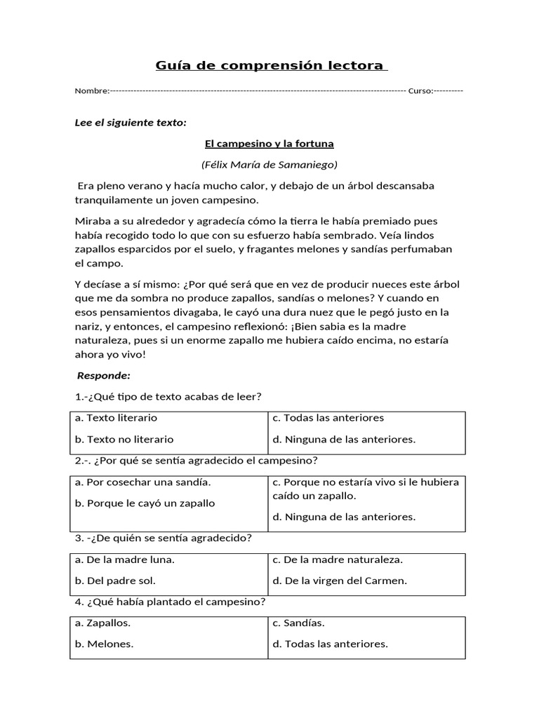 Comprensión Lectora: El Campesino y la Fortuna | PDF
