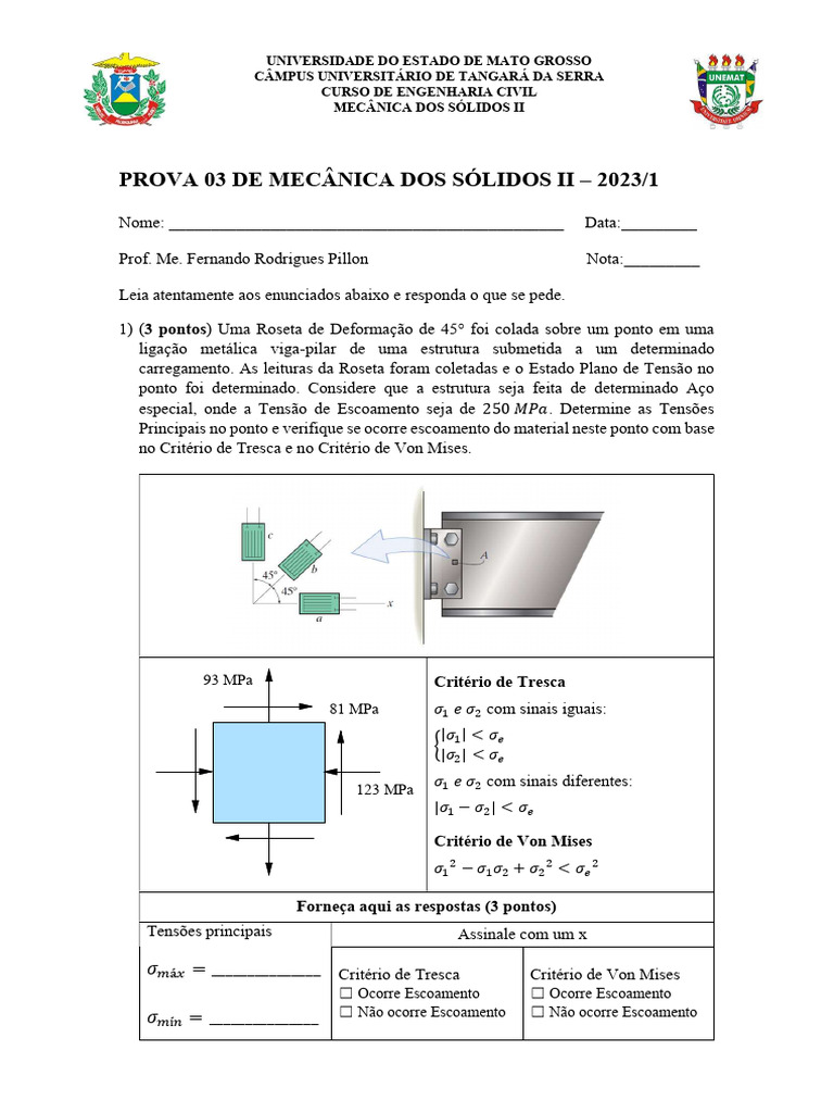 Provas Antigas - Prova 03 - Mec. Sol. Ii - 2023-1 | PDF | Estresse (Mecânica) | Ciência de Materiais