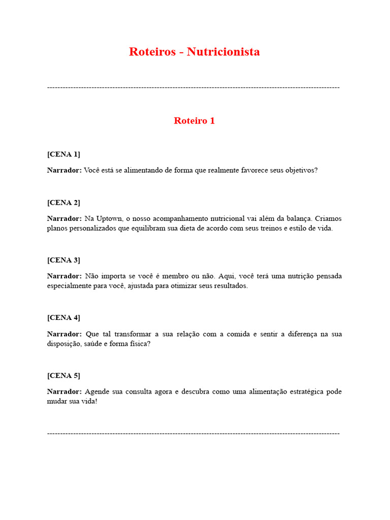 Roteiros - Nutricionista | PDF