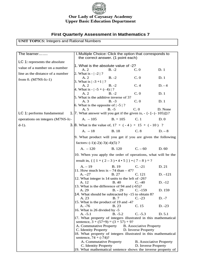 Math 7 Quarterly Assessment: Integers | PDF | Integer | Numbers