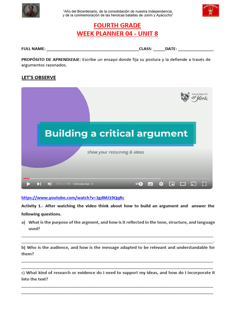 Week Planner 4 - Unit 8 - Studentss | PDF | Essays