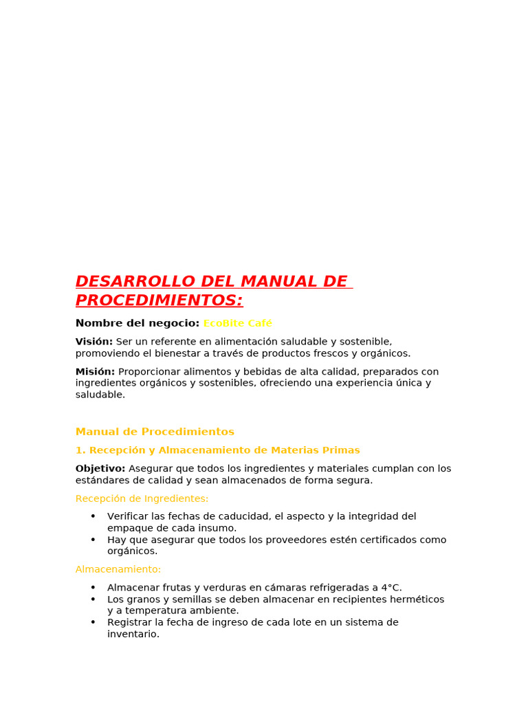 Manual de Procedimientos EcoBite Café | PDF | Alimentos | Seguridad ...