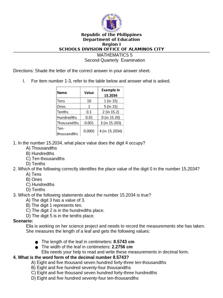 Math 5 Q2 Examination | PDF | Division (Mathematics) | Ratio