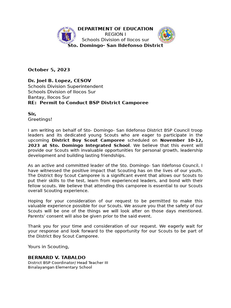 BSP Letter of Permission To Conduct District Camping | PDF