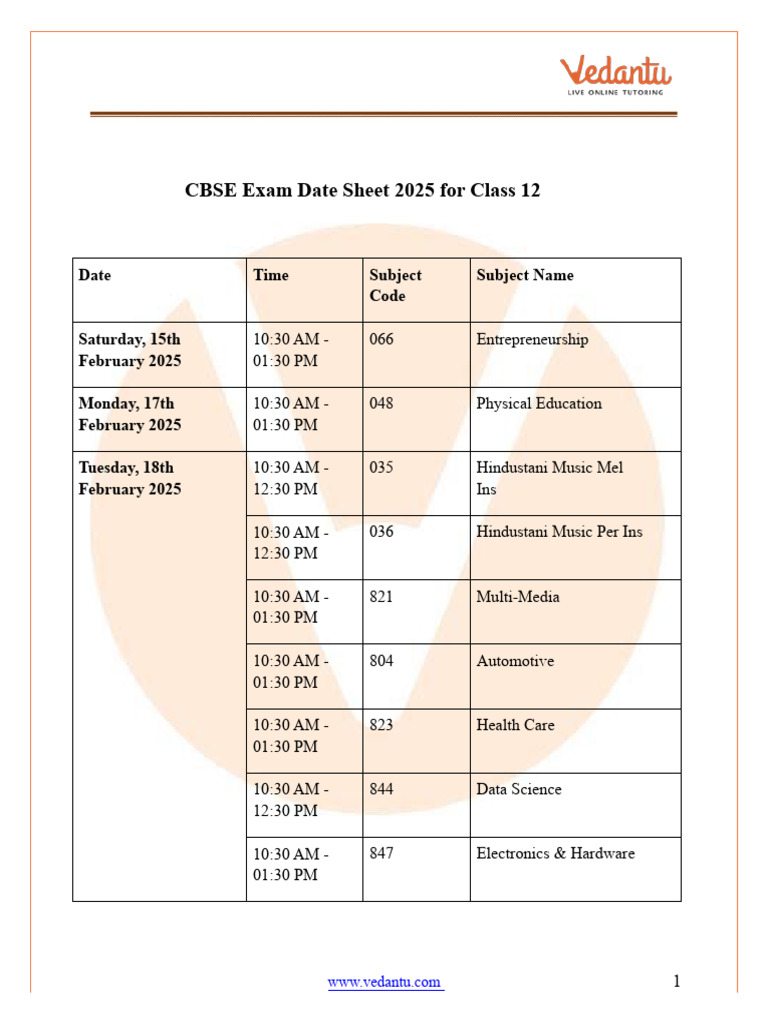 CBSE Class 12 Date Sheet 2025 - Download Timetable PDF For FREE Now | PDF