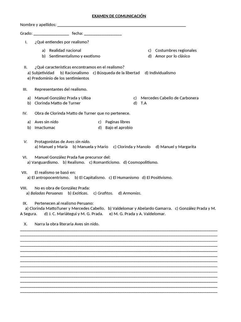 EXAMEN DE COMUNICACIÓN Cuarto Realismo y Modernismo | PDF | Realismo ...