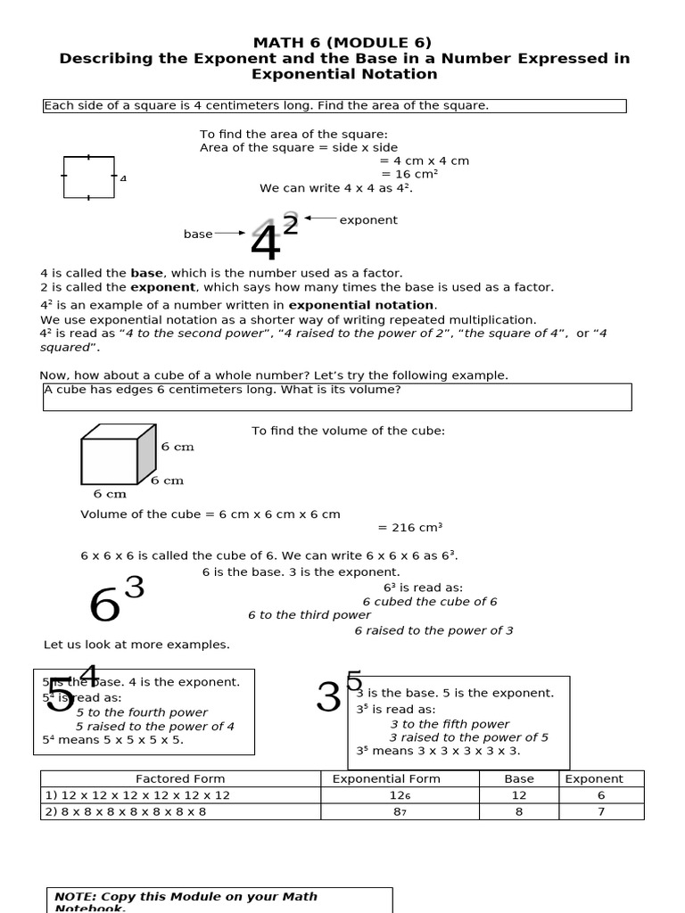 MATH 6 MODULE 6-avocado | PDF | Exponentiation | Algebra