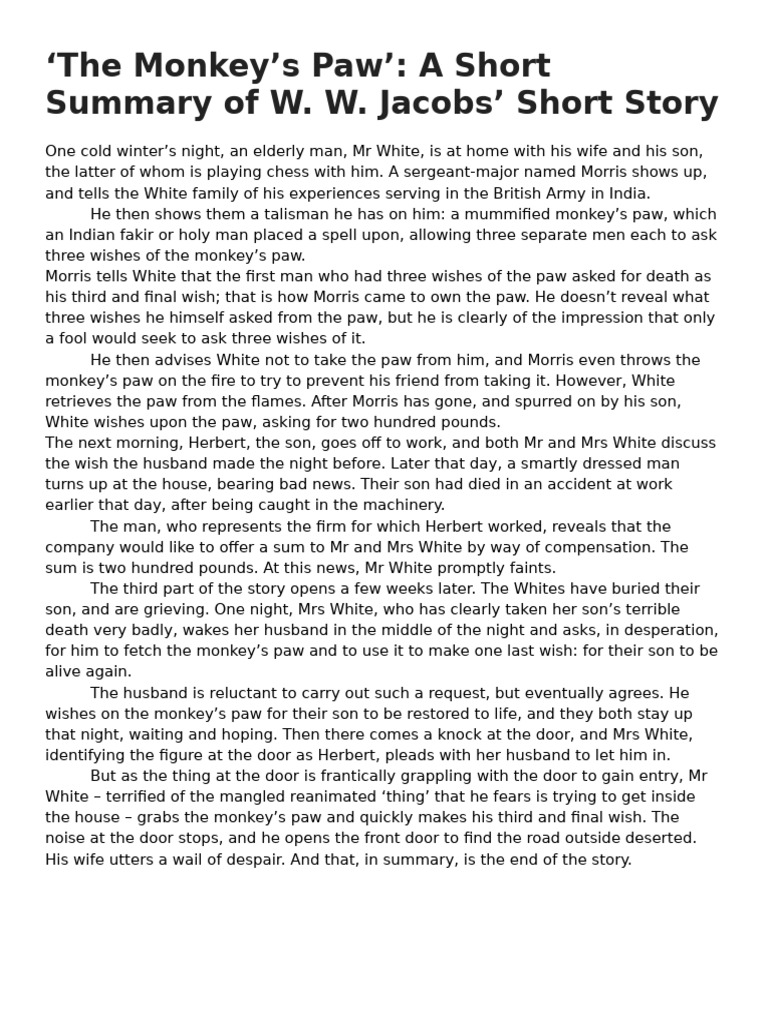 Summary of "The Monkey's Paw" Story | PDF