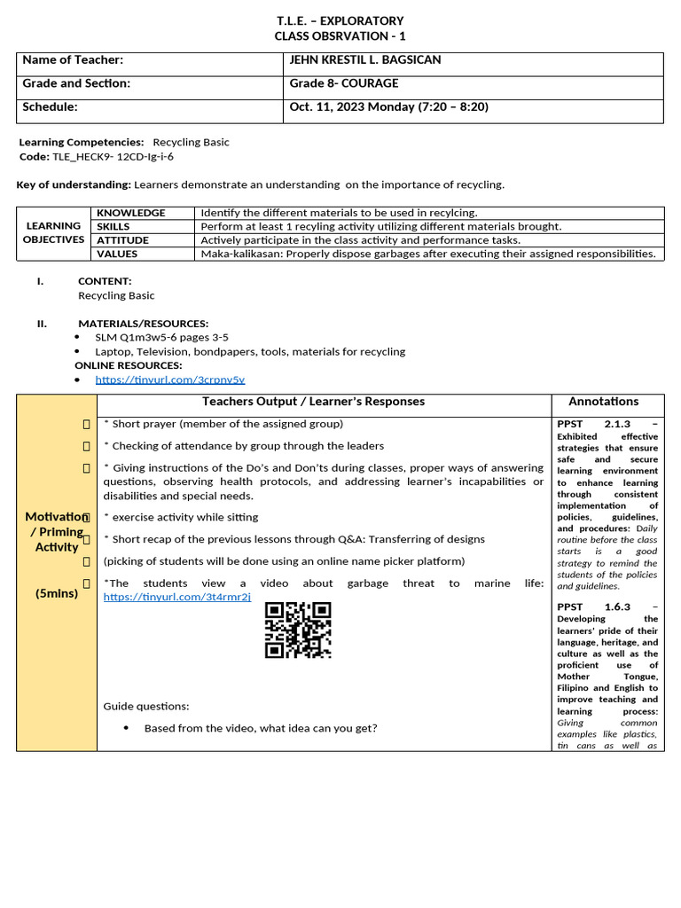 COT 1 Recycling | PDF | Recycling | Learning