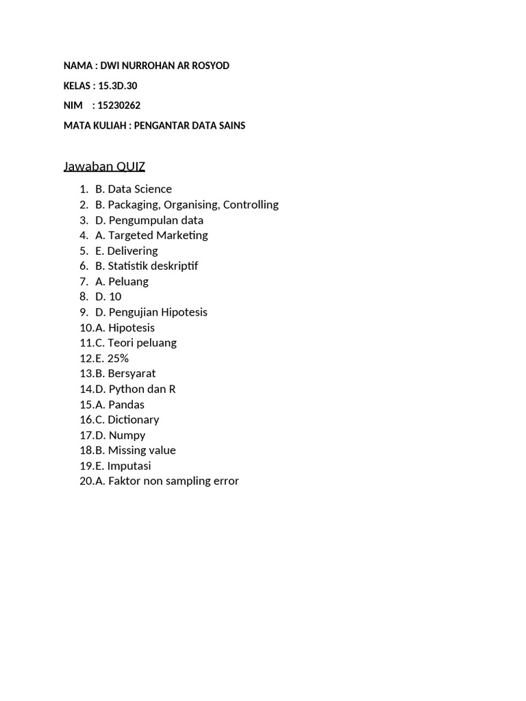 Quiz Pengantar Data Sains (Dwi) | PDF