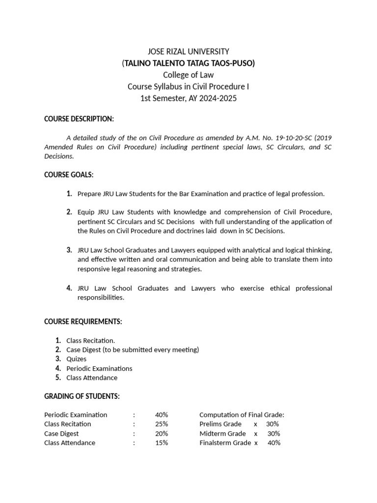 Course Syllabus in Civil Proc 2 | PDF | Appeal | Injunction