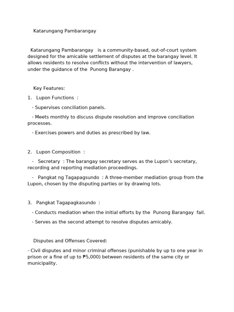 Overview Katarungang Pambarangay | PDF