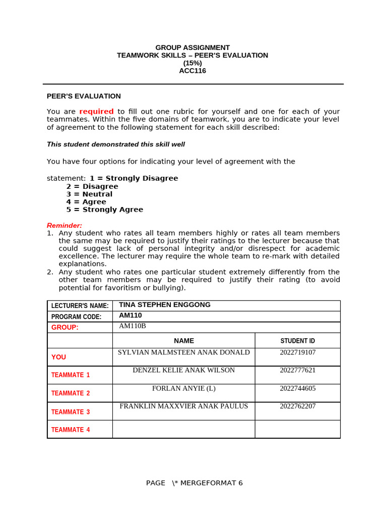 ACC116 GROUP ASSIGNMENT PEER'S EVALUATION (Semester March - August 2023 ...