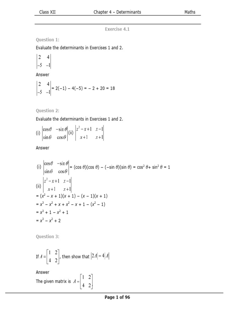 Class XII Maths: Determinants Exercises | PDF | Matrix (Mathematics) | Determinant