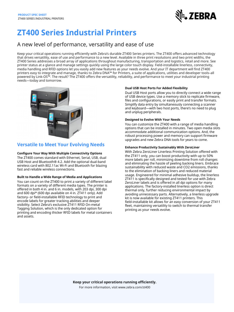 ZT411 DATASHEET | PDF | Printer (Computing) | Radio Frequency Identification