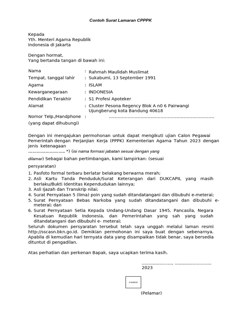 Contoh Surat Lamaran CPPPK | PDF