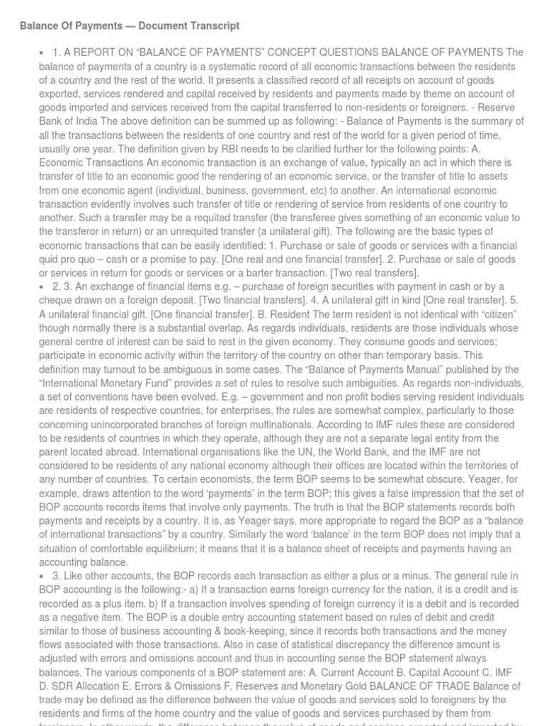 Balance of Payments - Document Transcript | PDF | Current Account | Debits And Credits