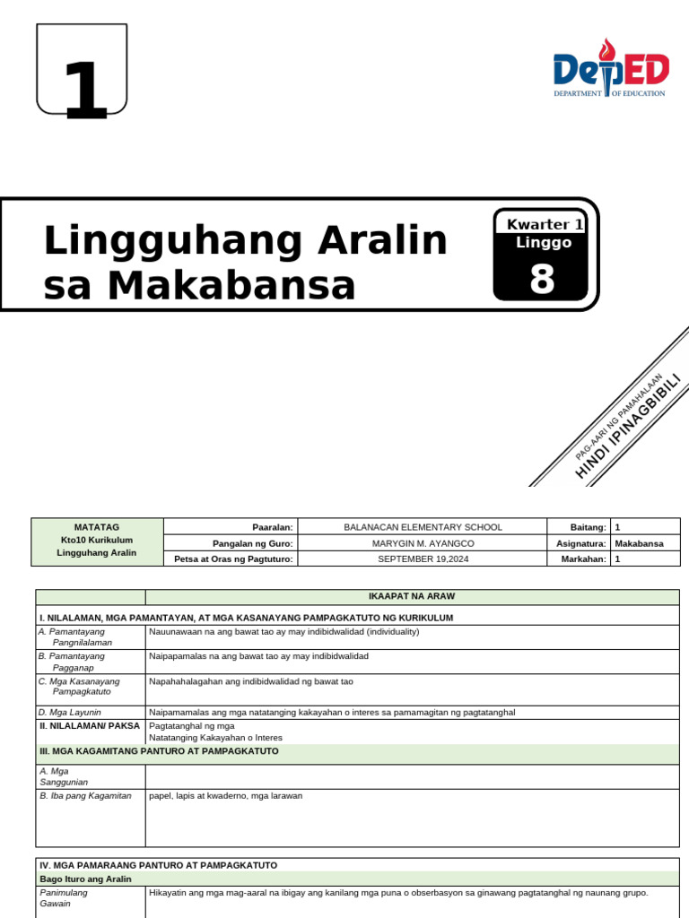 (Revised) - LE - Makabansa 1 - Q1 - Week - 8.V.5.-D4 | PDF