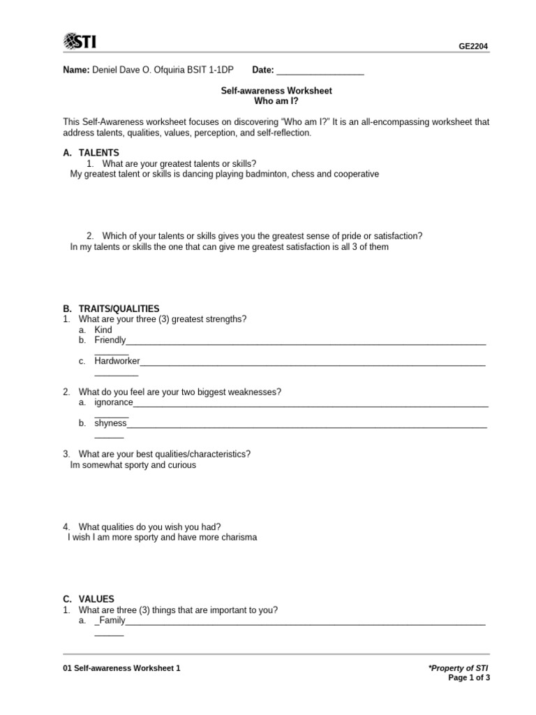 01 Self-Awareness Worksheet 1 | PDF | Psychology | Social Psychology