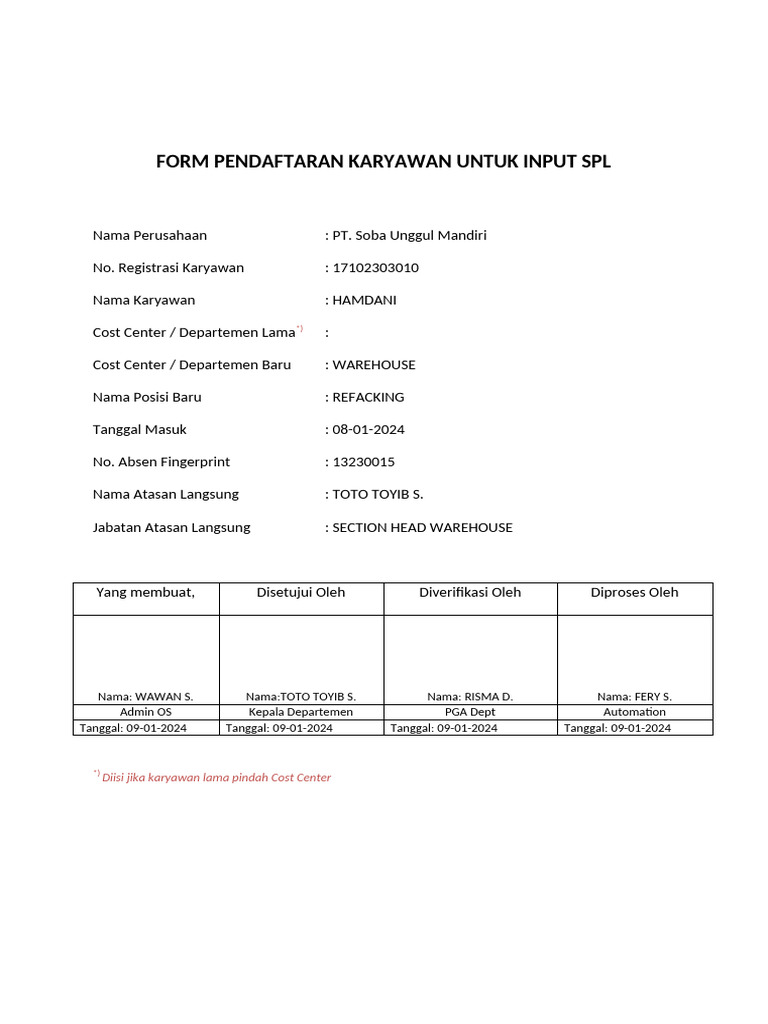 Form Pendaftaran Karyawan Untuk Input SPL | PDF