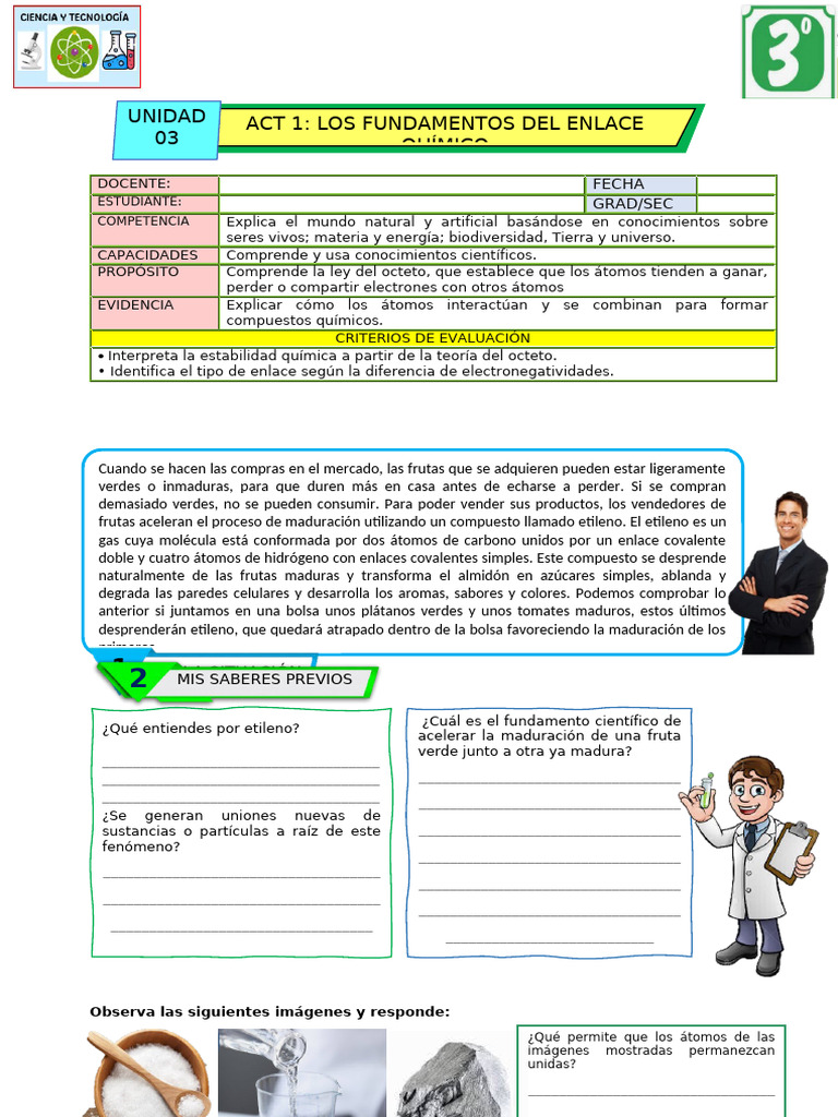 A-3º Act 1 Cyt Und 3 - Sem 1 | PDF | Enlace químico | Química