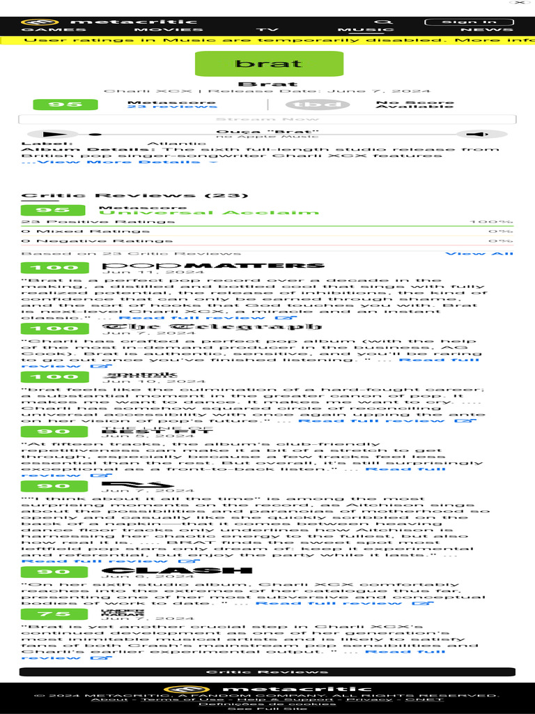 Brat by Charli XCX Reviews and Tracks - Metacritic | PDF