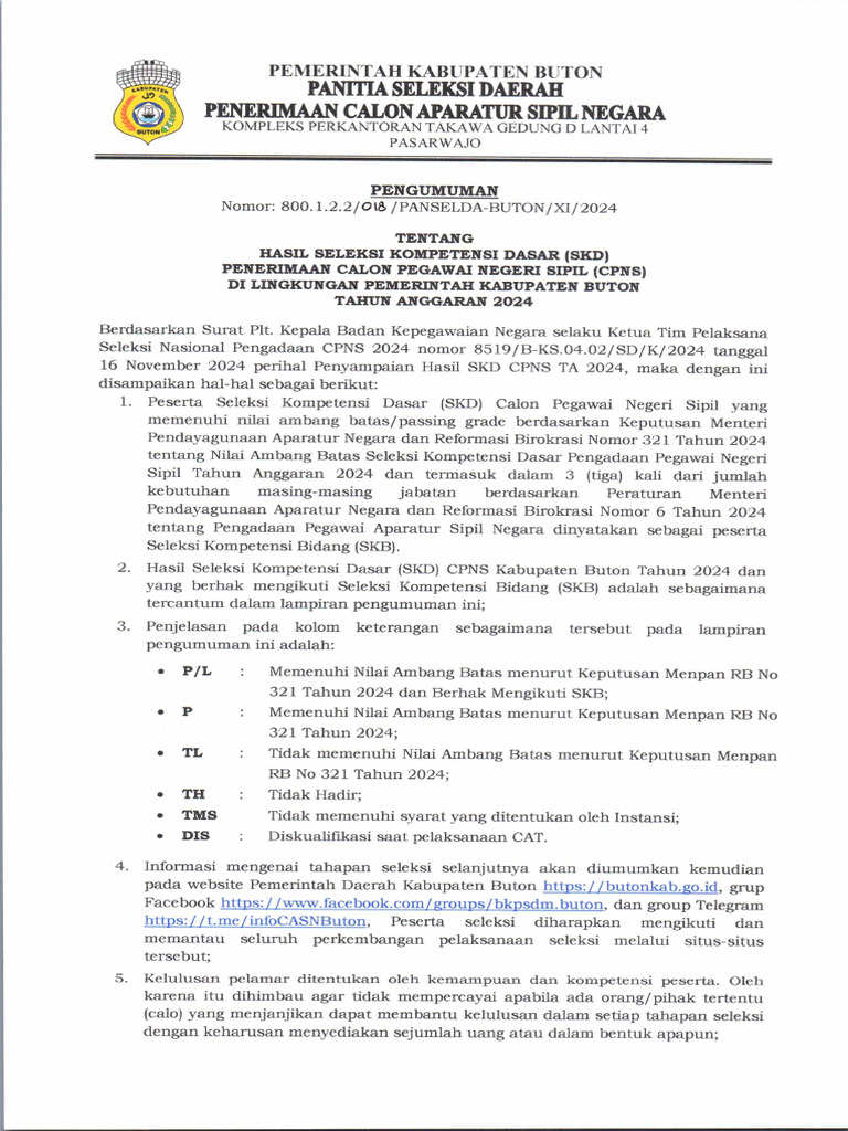 Pengumuman Hasil Seleksi Kompetensi Dasar (SKD) Penerimaan Calon Pegawai Negeri Sipil Kab. Buton ...