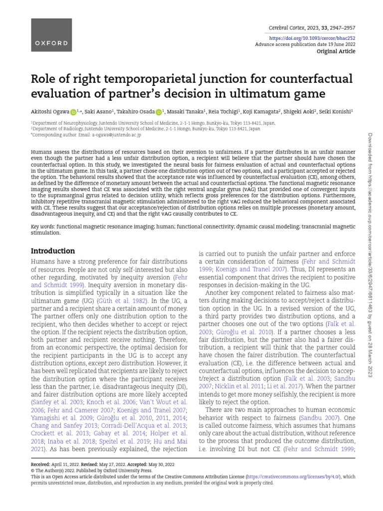 Role of Right Temporoparietal Junction For Counterfactual Evaluation of ...