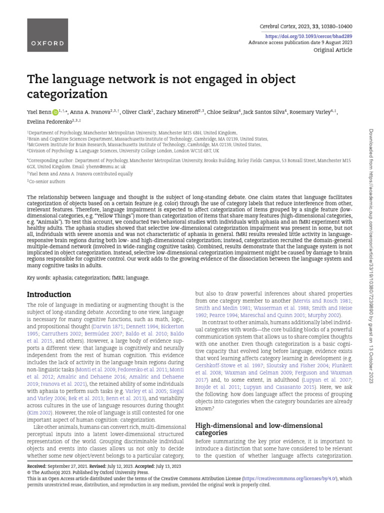 The Language Network Is Not Engaged in Object Categorization | PDF | Aphasia | Executive Functions