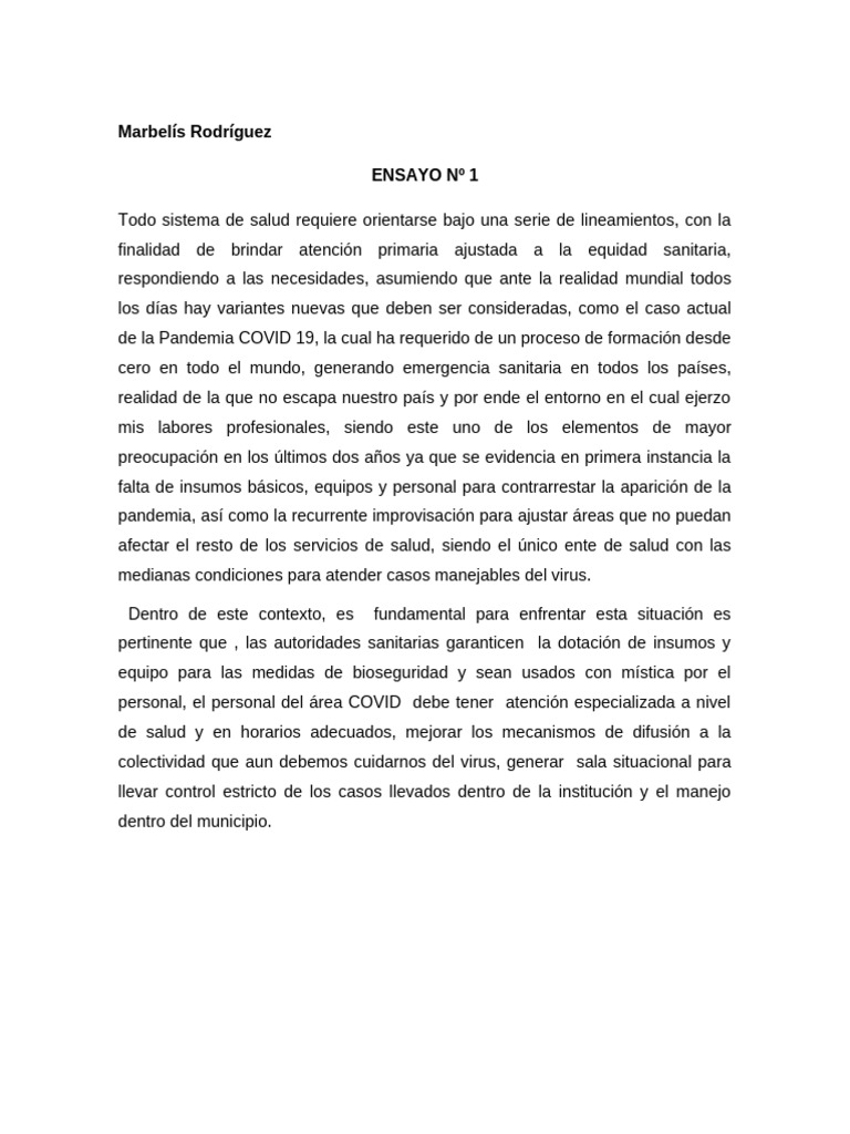 Ensayos Marbelis | PDF | Enfermería | Sistema de salud