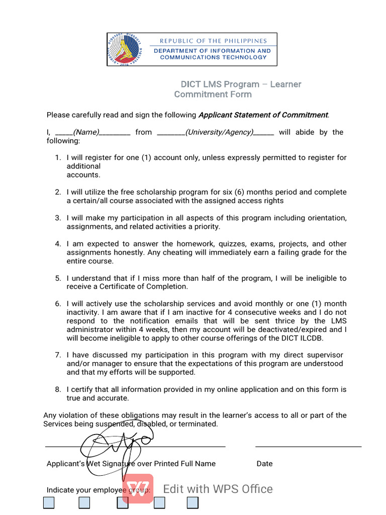 Learner Commitment Form in Accessing DICT LMS (Annex D) | PDF