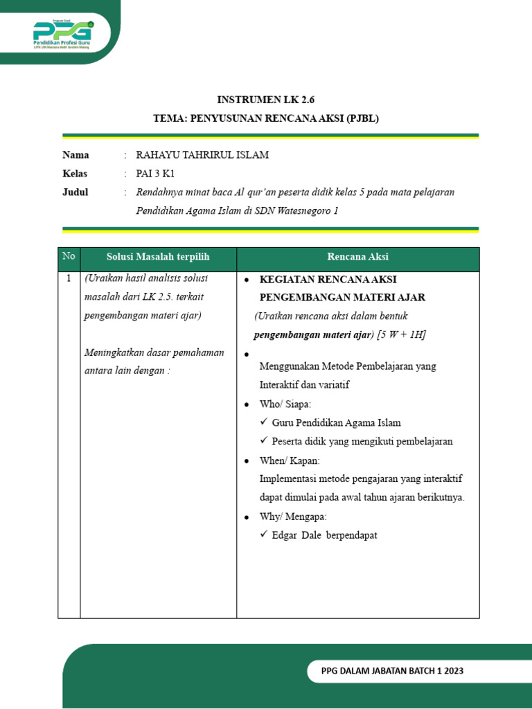 Instrumen LK 2.6 - Rencana Aksi (MODUL PROFESIONAL 6 - PJBL) | PDF