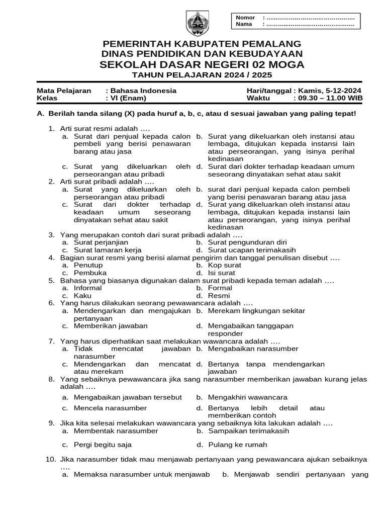 Soal Asas Ganjil Bhs. Indonesia Cetak | PDF