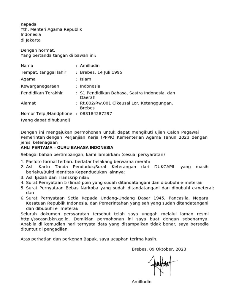 Lamaran PPPK Guru Bahasa Indonesia | PDF